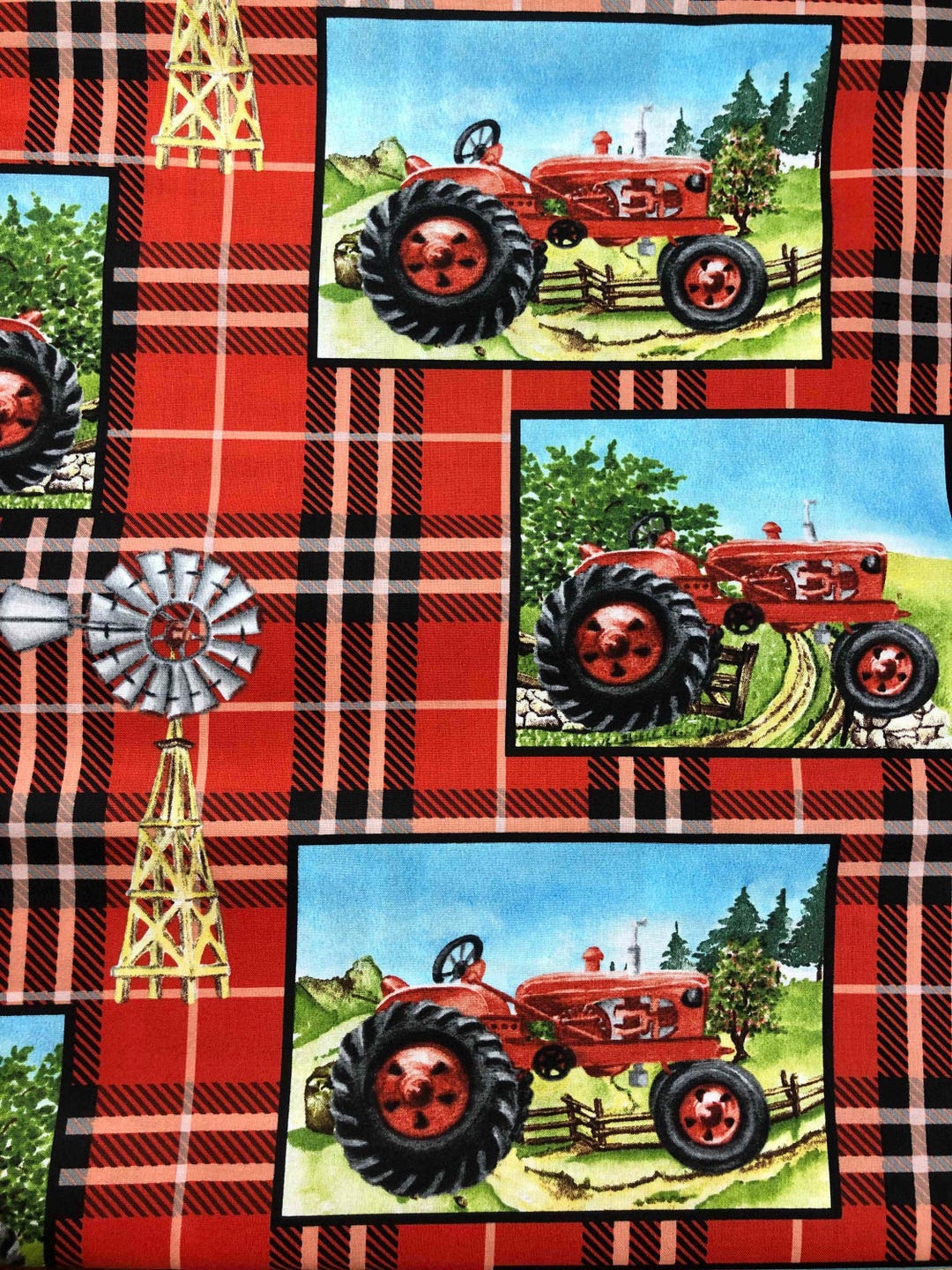 Red Plaid Tractor Fabric, Sewing, Quilting Fabric, Cotton Fabric, Farm ...