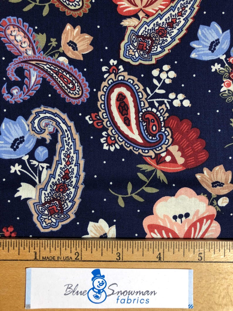 Navy Blue Floral Paisley Fabric, Floral Fabric, Cotton Fabric, Sewing ...