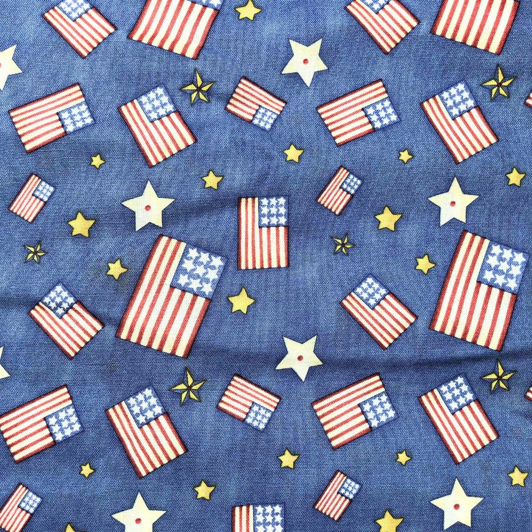 Patriotic Flags and Stars on Blue, 100%cotton Fabric, Sewing, Quilting ...