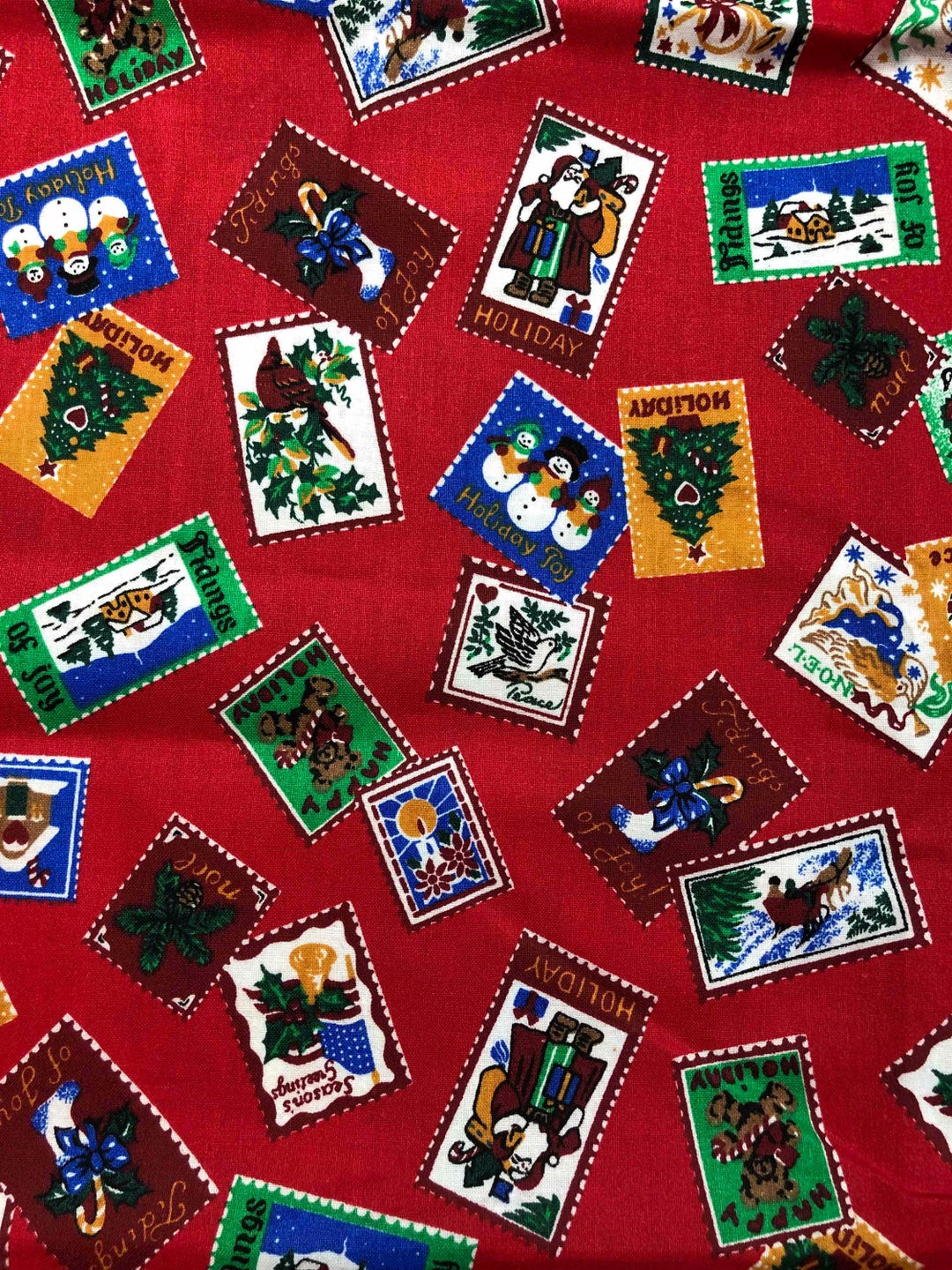 Red Christmas Postage Stamp Fabric, 100% Cotton, Quilting, Sewing ...