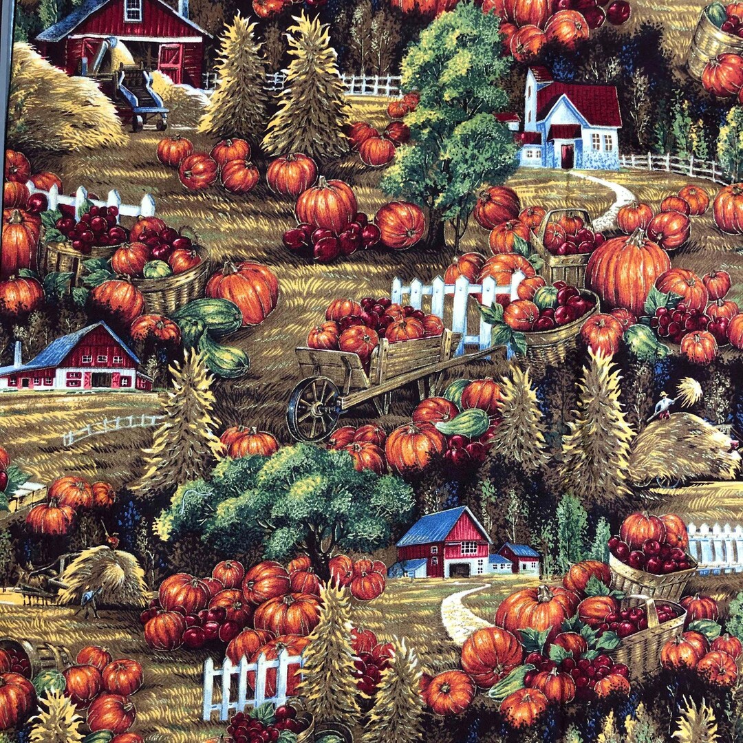 Cranston Fall Harvest Pumpkin Farm Scenic Fabric, 100% Cotton Fabric, Sewing, Quilting, Pumpkin ...