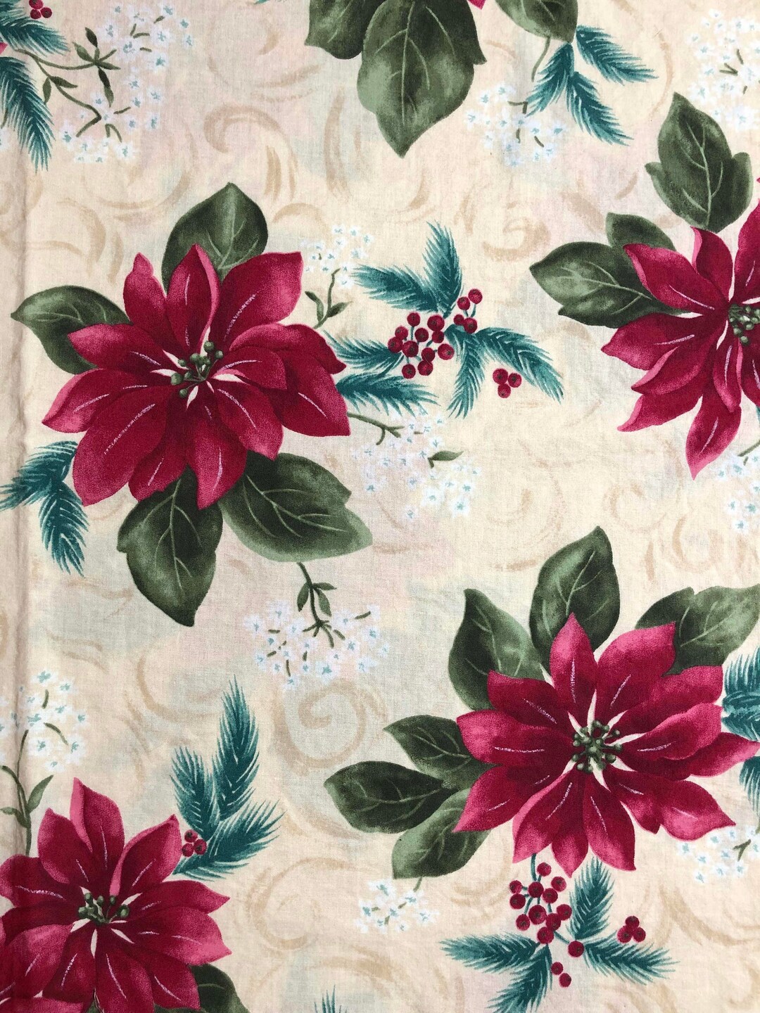 WIDE Poinsettia Floral Fabric, Sewing Fabric, OOP Fabric, Christmas ...