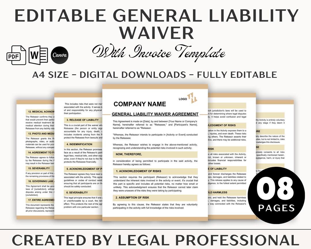 General Liability Contract & Waiver Template | Business Forms (digital ...