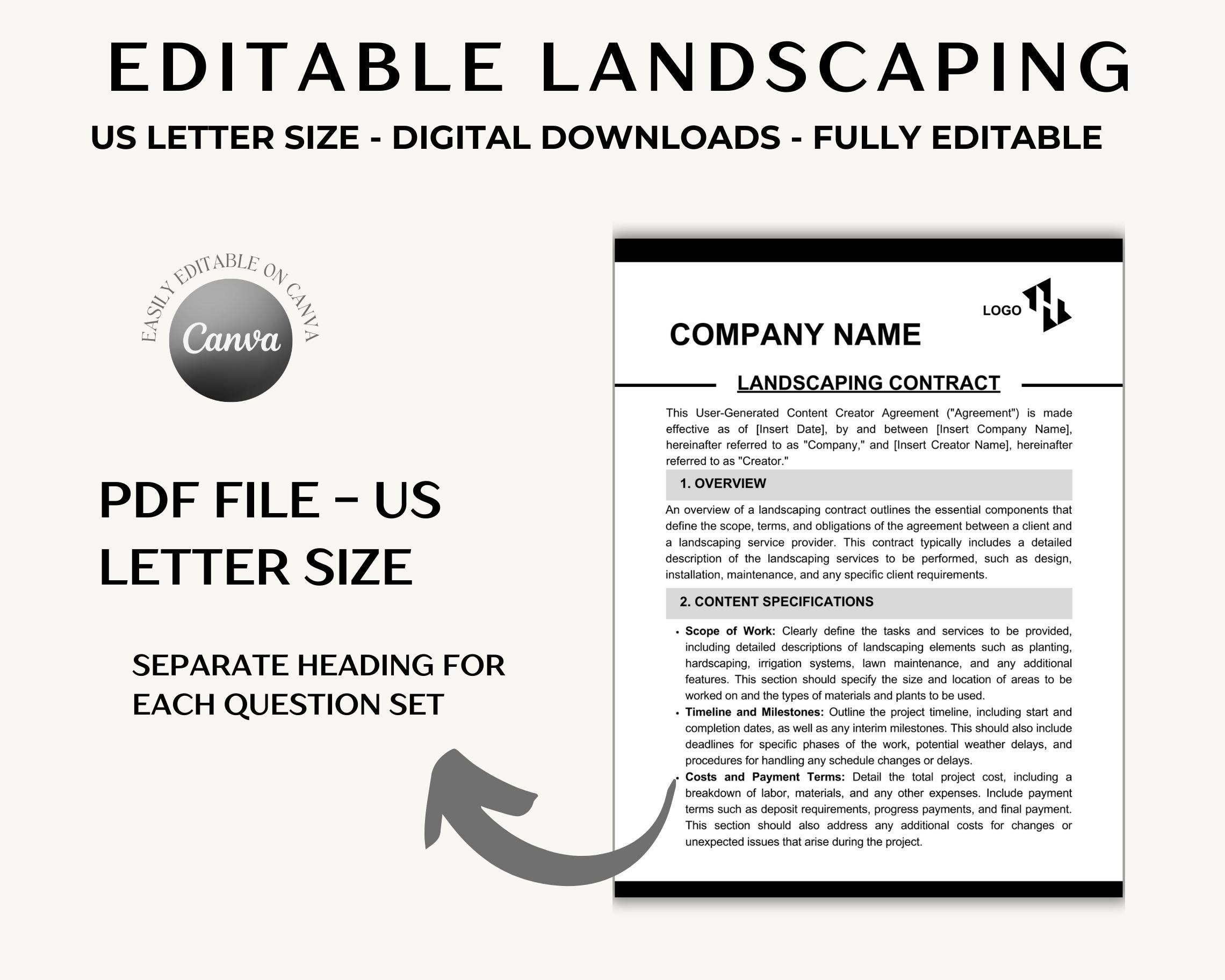 Editable Landscaping Contract Template for Managing Projects - Instant ...