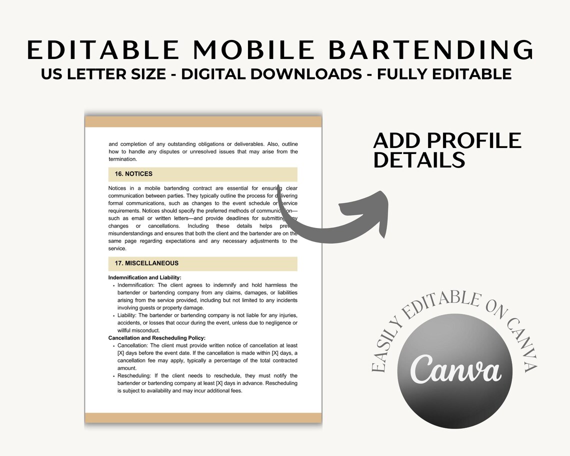 Editable Mobile Bartending Contract | PDF & Canva Templates - Instant ...