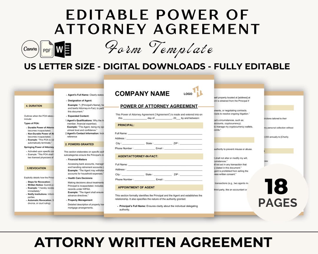 Editable Power of Attorney Agreement, Power of Attorney Form, Legal ...