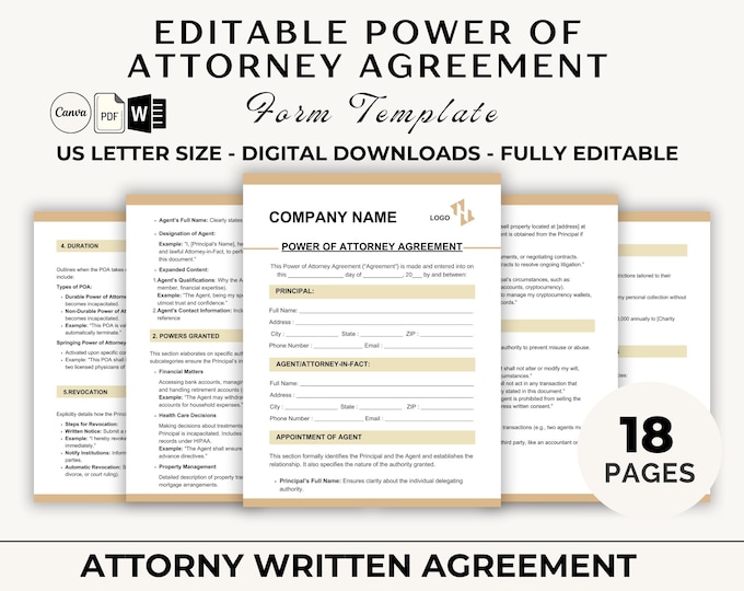 Editable Power of Attorney Agreement, Power of Attorney Form, Legal ...