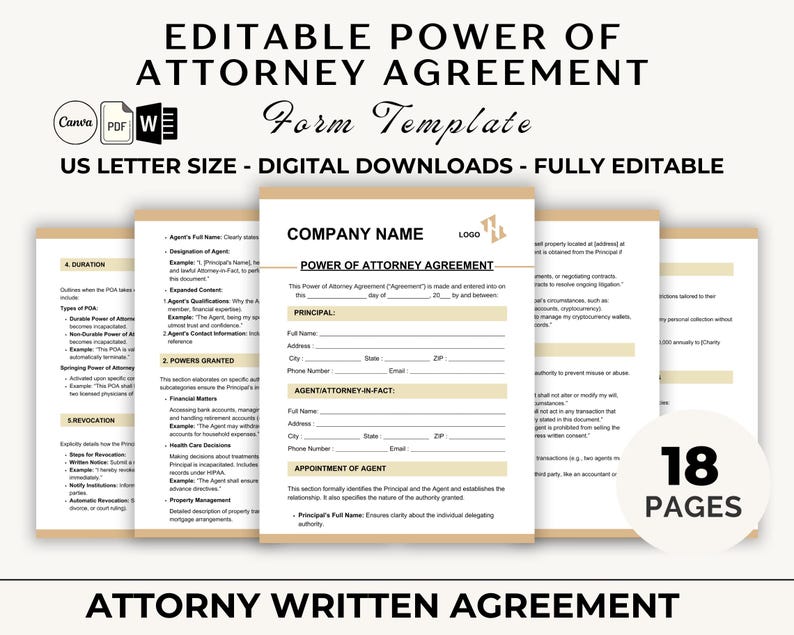 Editable Power of Attorney Agreement, Power of Attorney Form, Legal ...