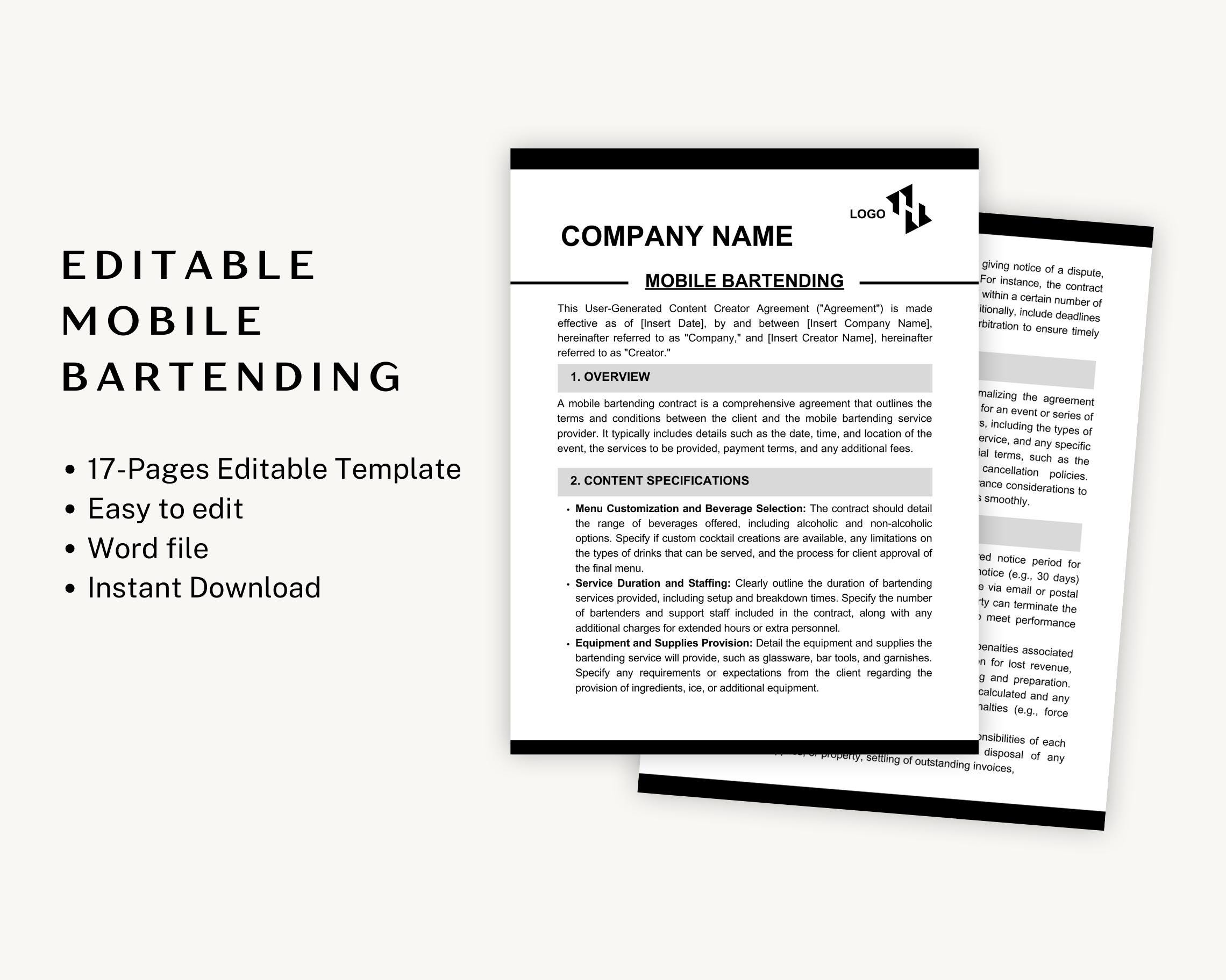 Editable Mobile Bartending Contract | PDF & Canva Templates - Instant ...
