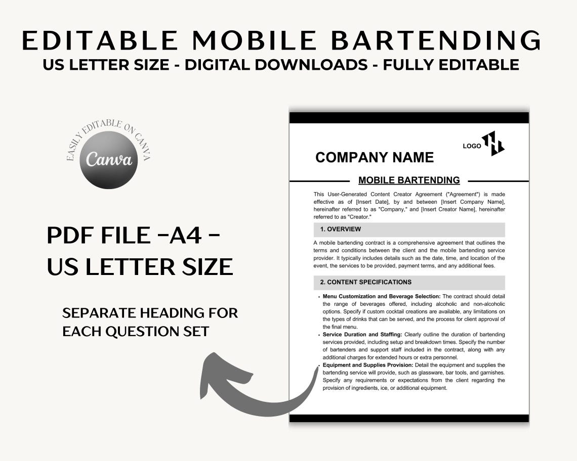 Editable Mobile Bartending Contract | PDF & Canva Templates - Instant ...