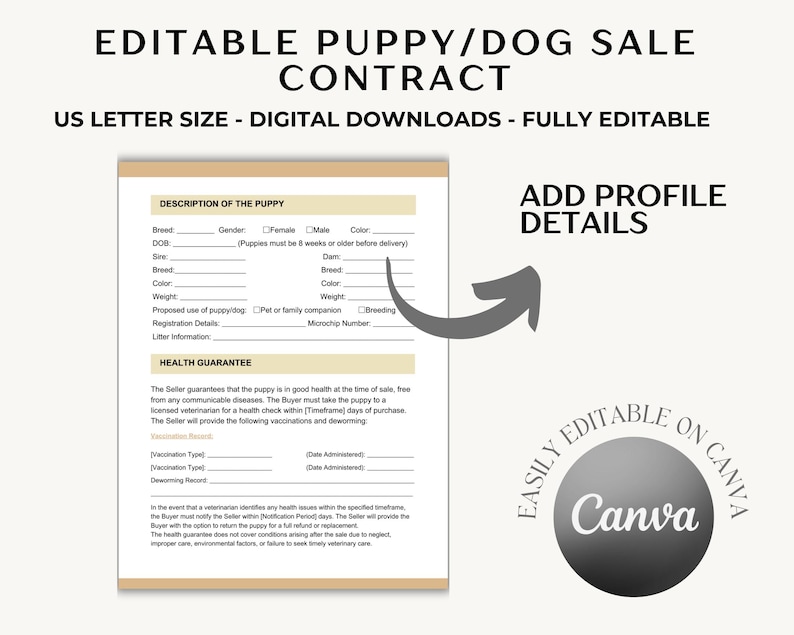 Puppy/dog Agreement Template | Editable Contract (canva, PDF, DOC) - Etsy