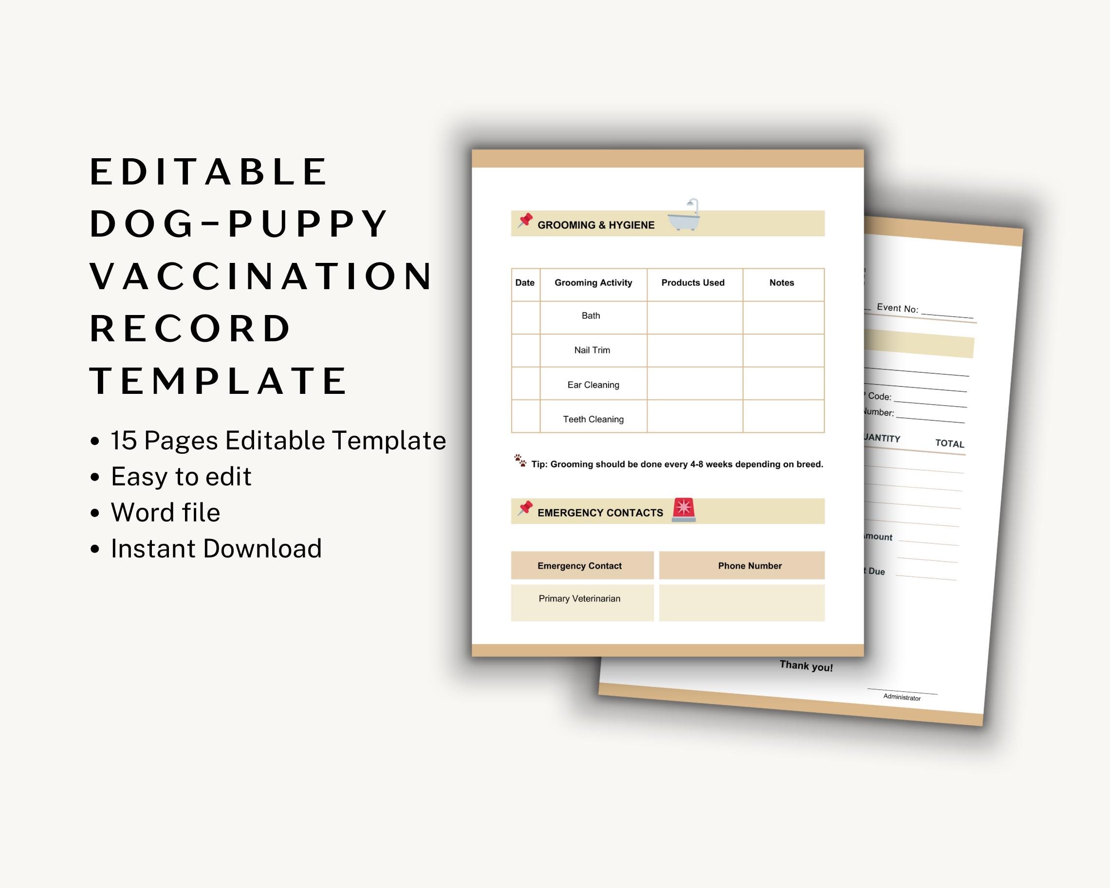 Editable Dog & Puppy Vaccination Record – Pet Health Certificate ...