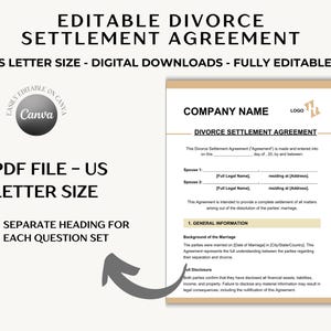 Editable Divorce Settlement Agreement, Divorce Settlement Form, Divorce Contract, Marital ...