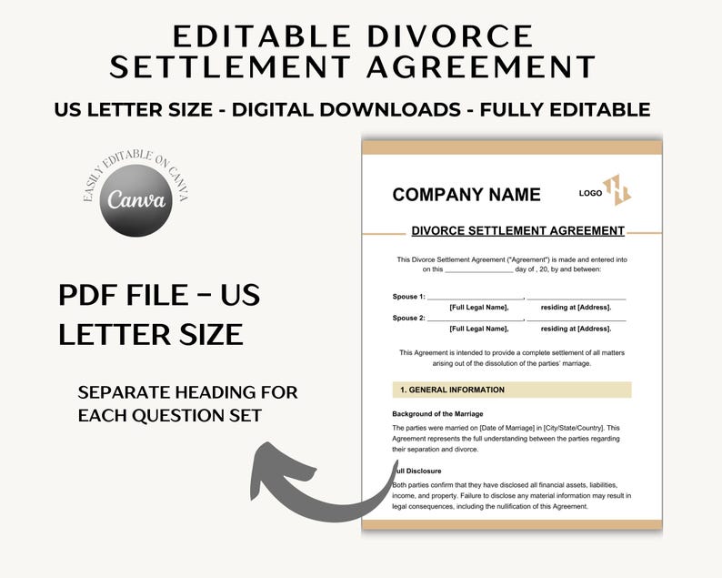 Editable Divorce Settlement Agreement, Divorce Settlement Form, Divorce ...