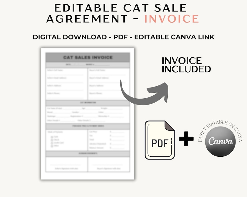 Editable Cat Sale Agreement and Invoice PDF & Canva Templates Instant ...