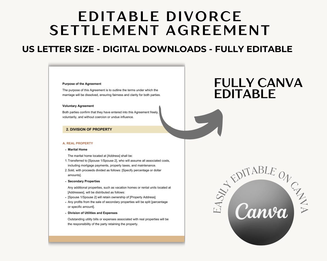 Editable Divorce Settlement Agreement Template (digital Download) - Etsy