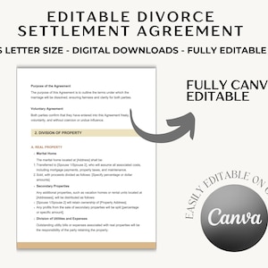 Editable Divorce Settlement Agreement, Divorce Settlement Form, Divorce ...