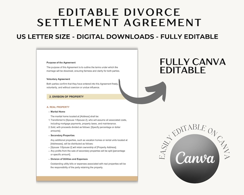 Editable Divorce Settlement Agreement, Divorce Settlement Form, Divorce ...