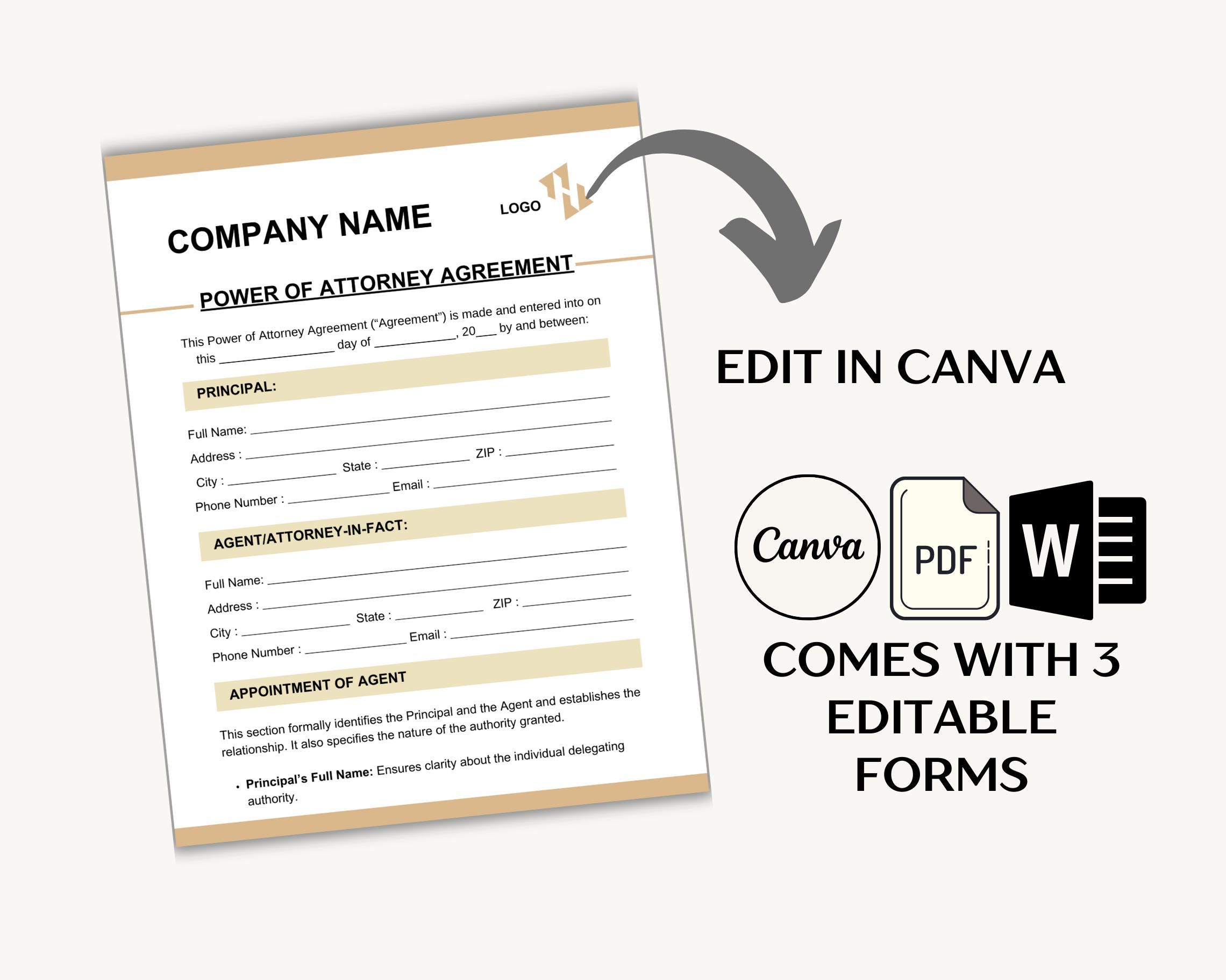 Editable Power of Attorney Agreement, Power of Attorney Form, Legal ...