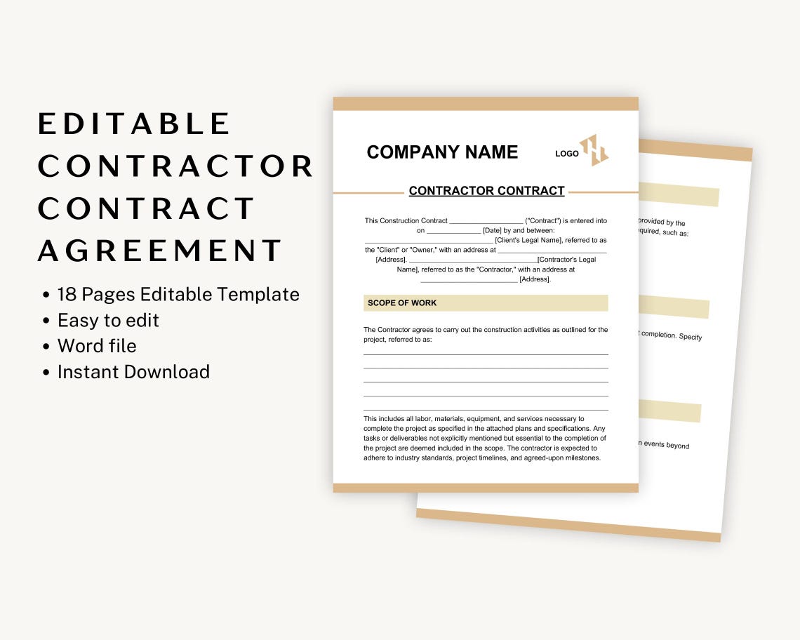 Editable Contractor Contract | Contractor Documents | Contractor Forms ...