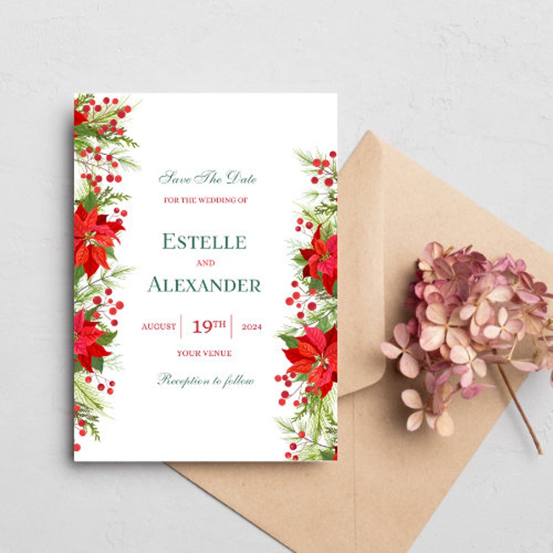 Red Wedding Invitation Template, Floral Wedding Invitation, Printable ...