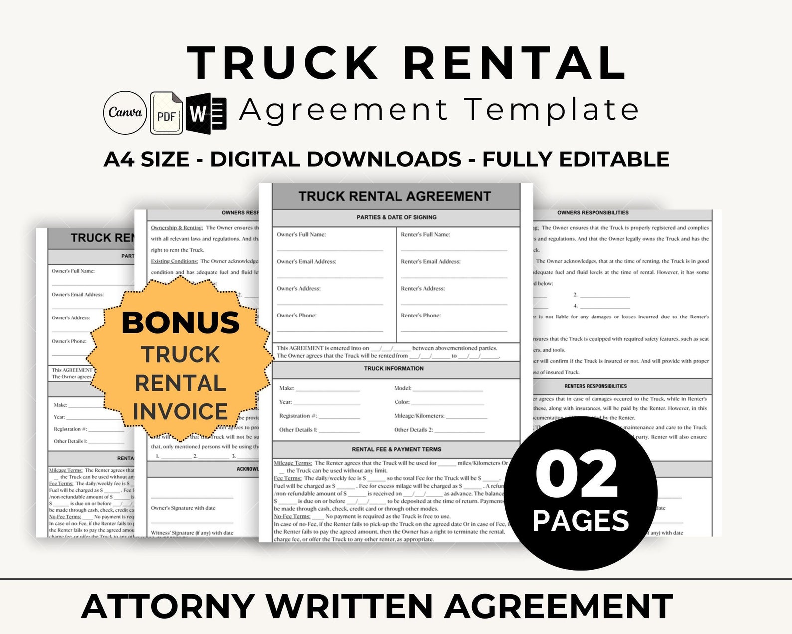 Professional Truck Rental Agreement | Editable Contract Template ...
