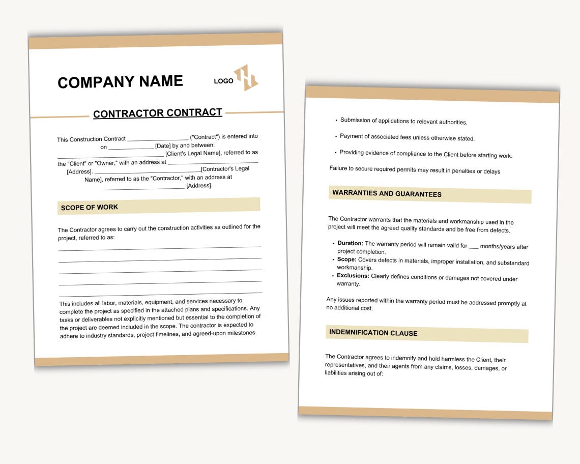Editable Contractor Contract | Contractor Documents | Contractor Forms ...