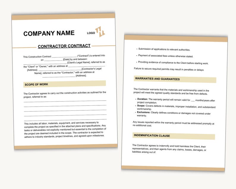 Editable Contractor Contract | Contractor Documents | Contractor Forms ...