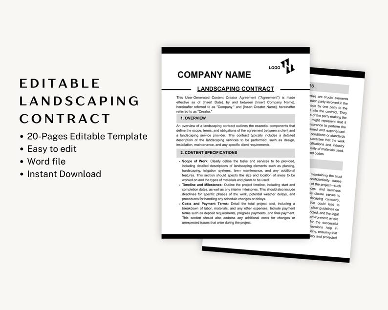 Editable Landscaping Contract Template for Managing Projects - Instant ...