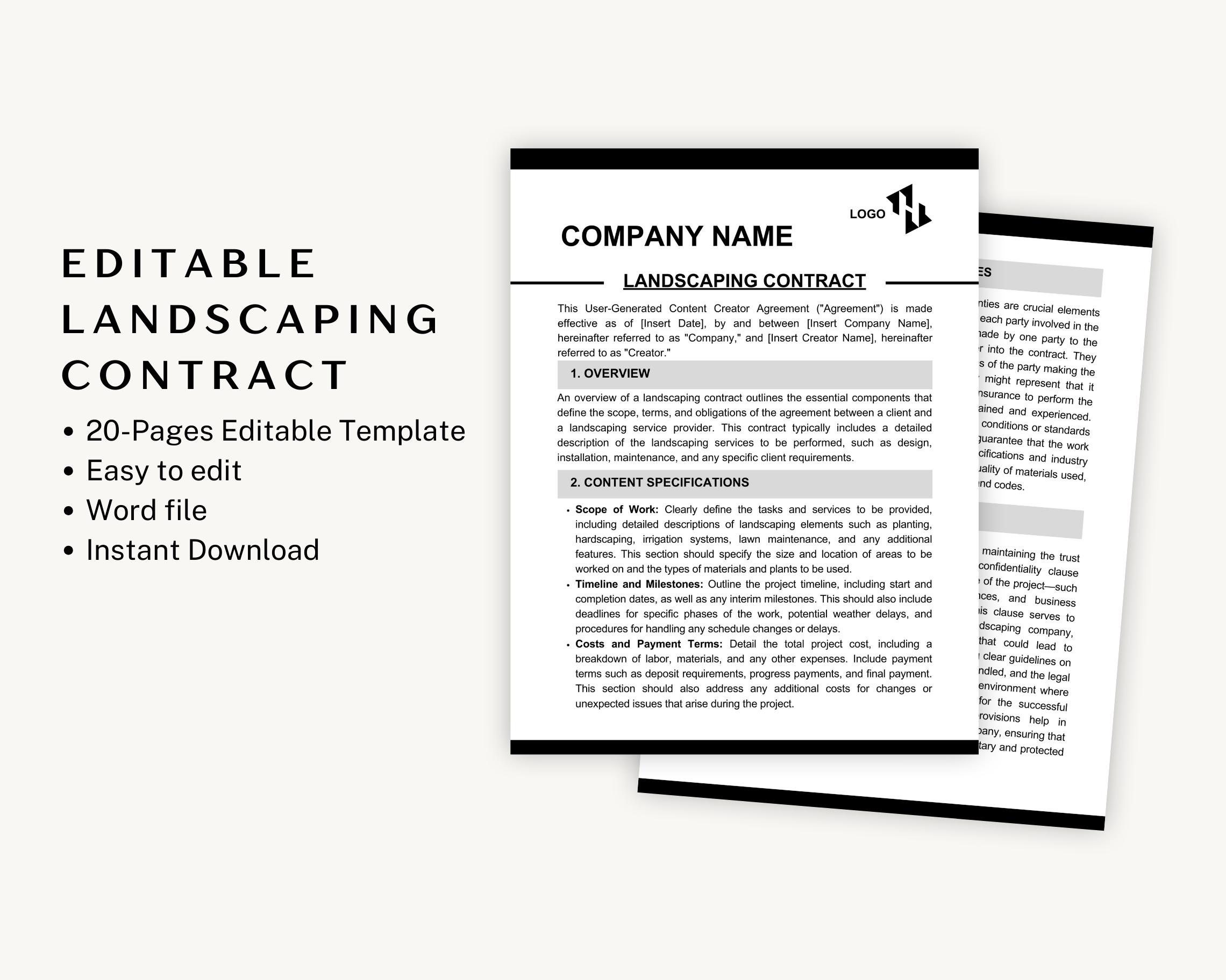 Editable Landscaping Contract Template for Managing Projects - Instant ...