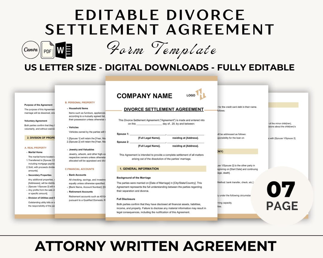 Editable Divorce Settlement Agreement Template Digital Download Etsy