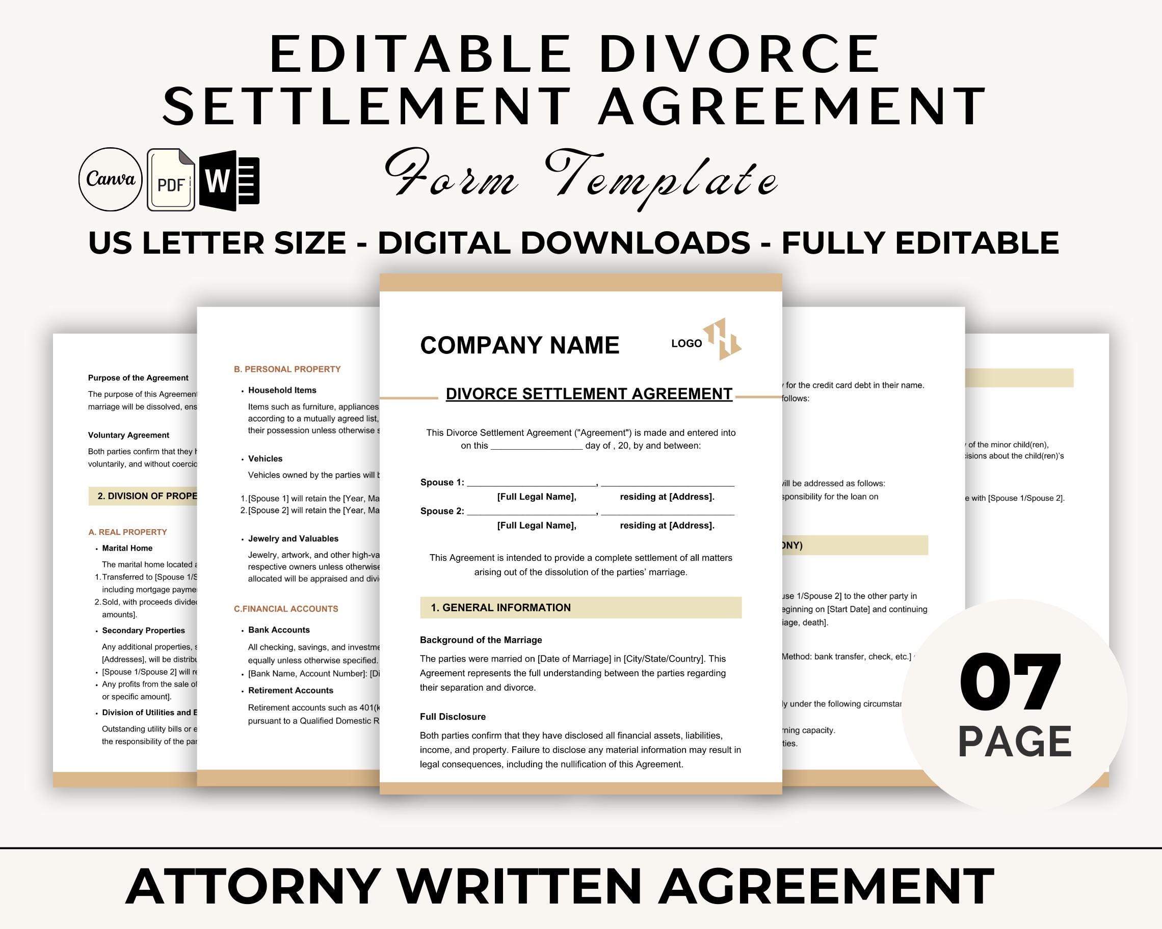 Editable Divorce Settlement Agreement Template (digital Download) - Etsy