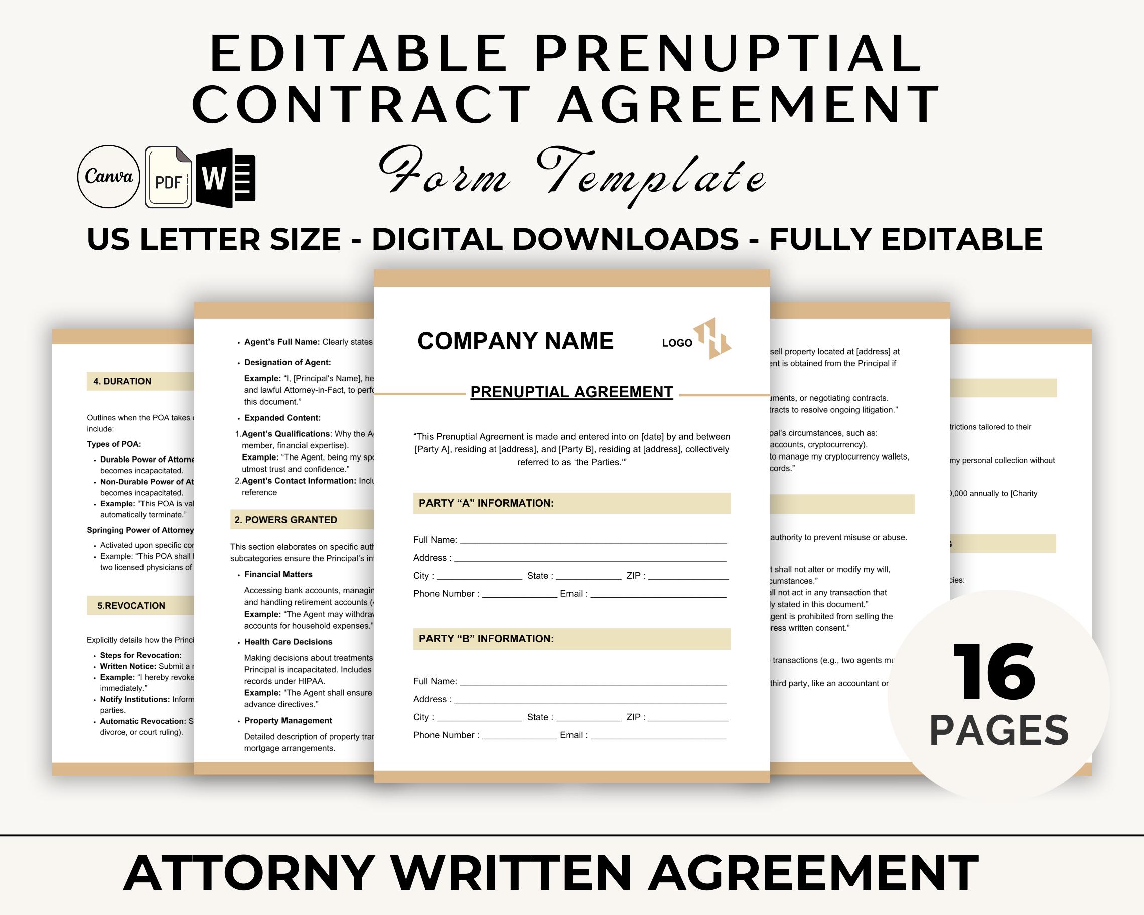 Editable Prenuptial Agreement Template | Premarital Agreement Forms ...