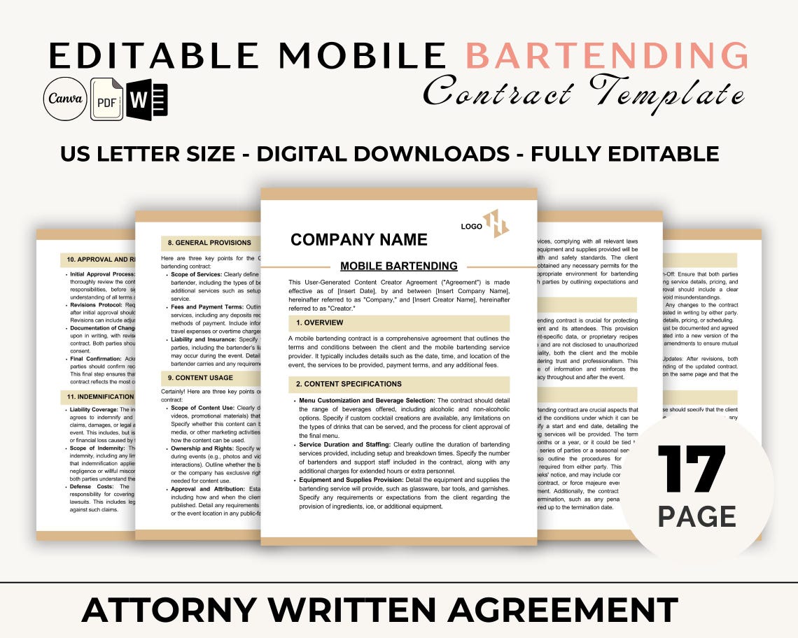 Editable Mobile Bartending Contract | PDF & Canva Templates - Instant ...