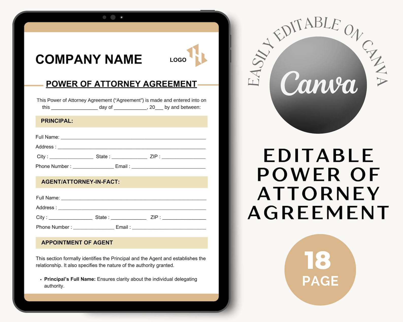 Editable Power of Attorney Agreement Template (digital Download) - Etsy