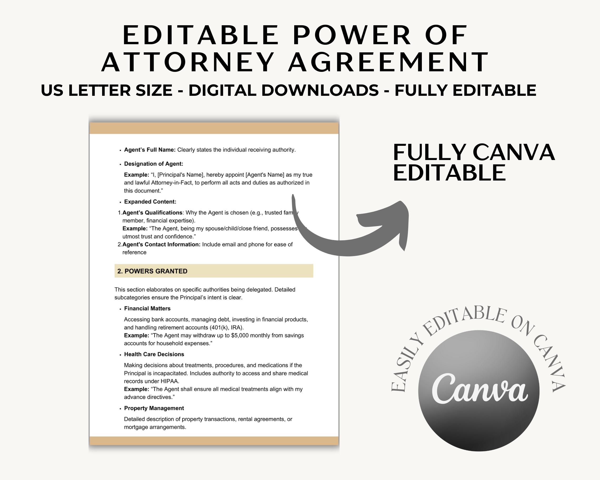 Editable Power of Attorney Agreement, Power of Attorney Form, Legal ...