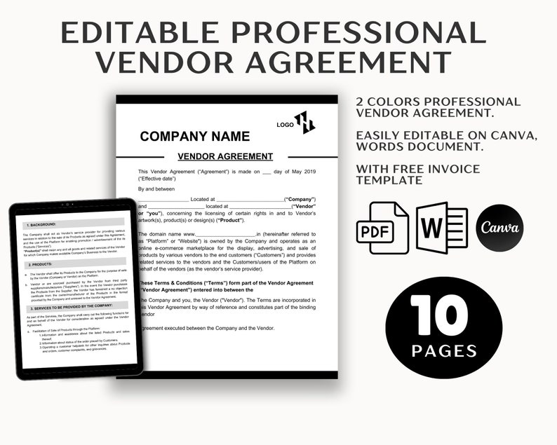 Editable Vendor Agreement Template | Legal Contract (PDF) - Etsy