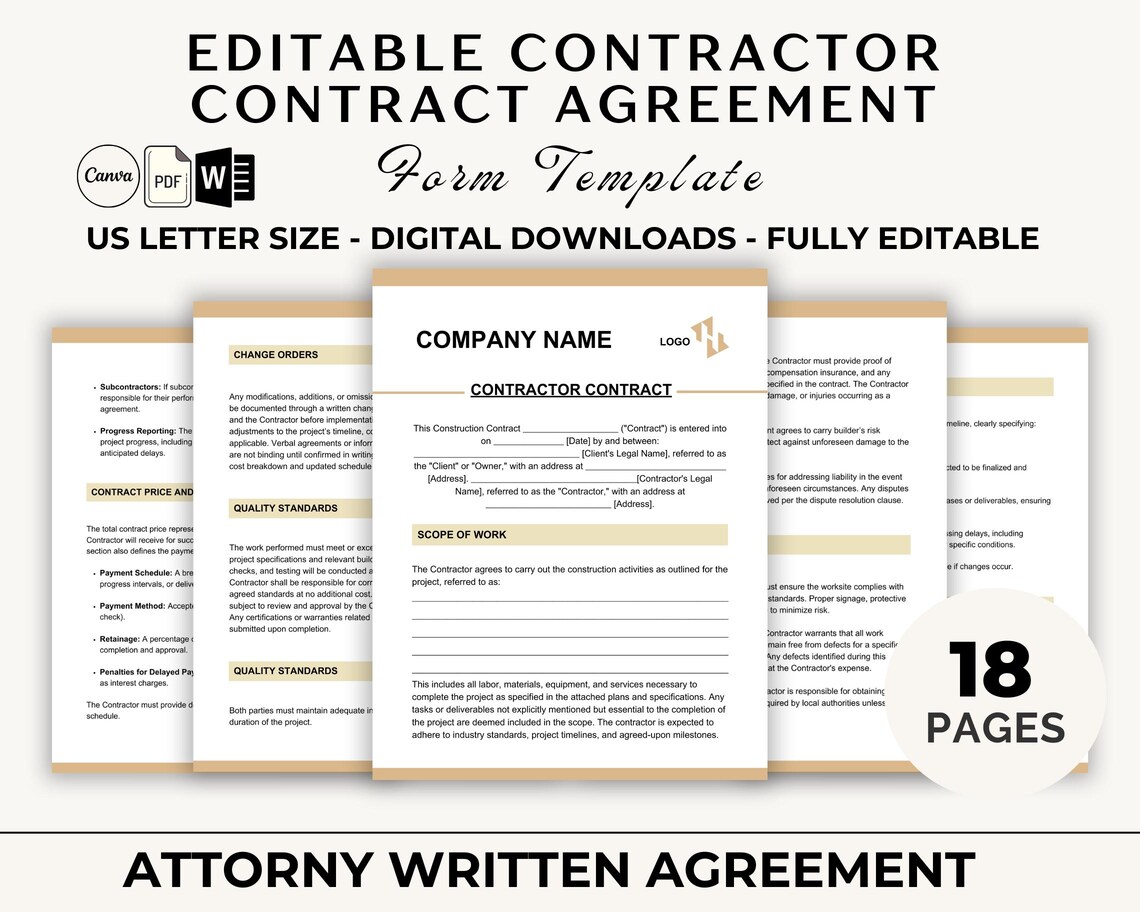 Editable Contractor Contract | Contractor Documents | Contractor Forms ...
