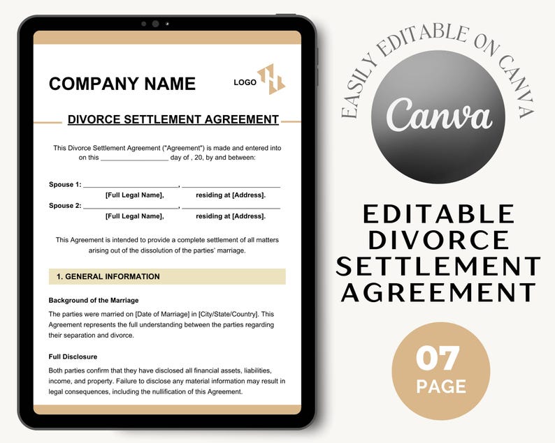 Editable Divorce Settlement Agreement, Divorce Settlement Form, Divorce ...