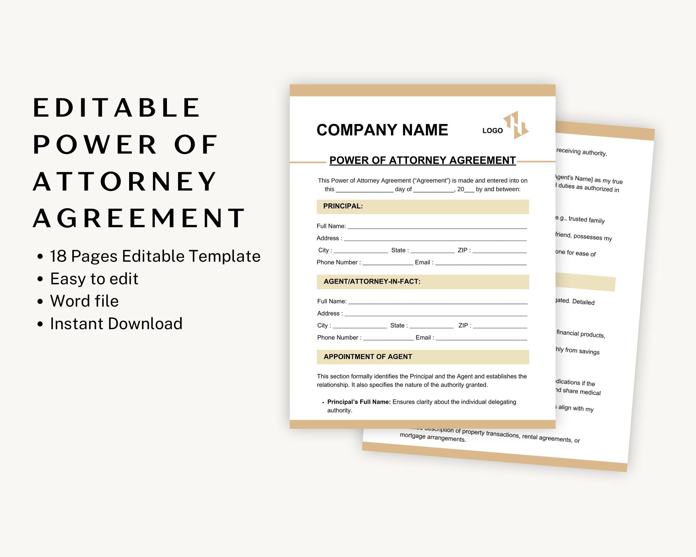 Editable Power of Attorney Agreement, Power of Attorney Form, Legal ...