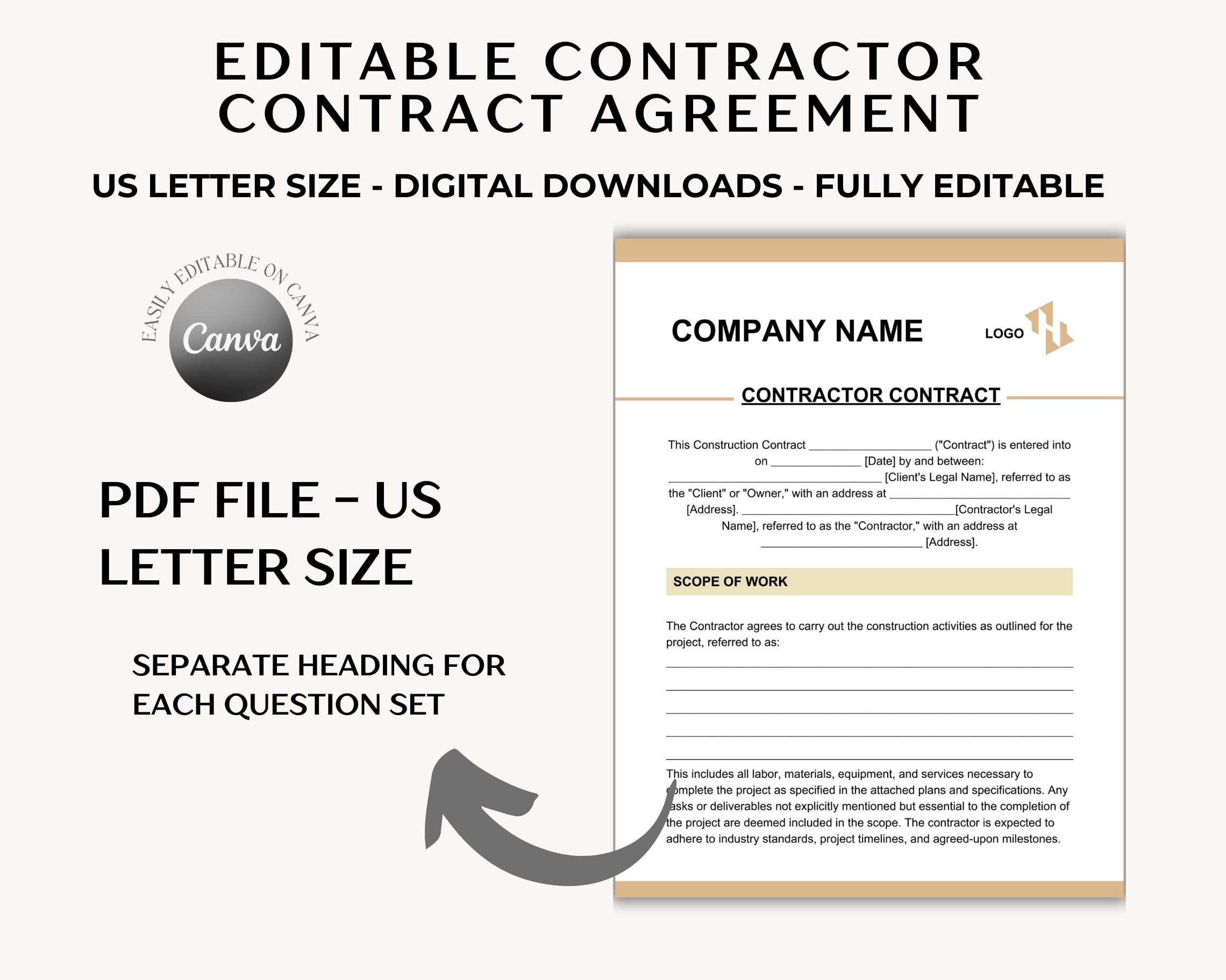 Editable Contractor Contract Template | US Letter (digital Download) - Etsy