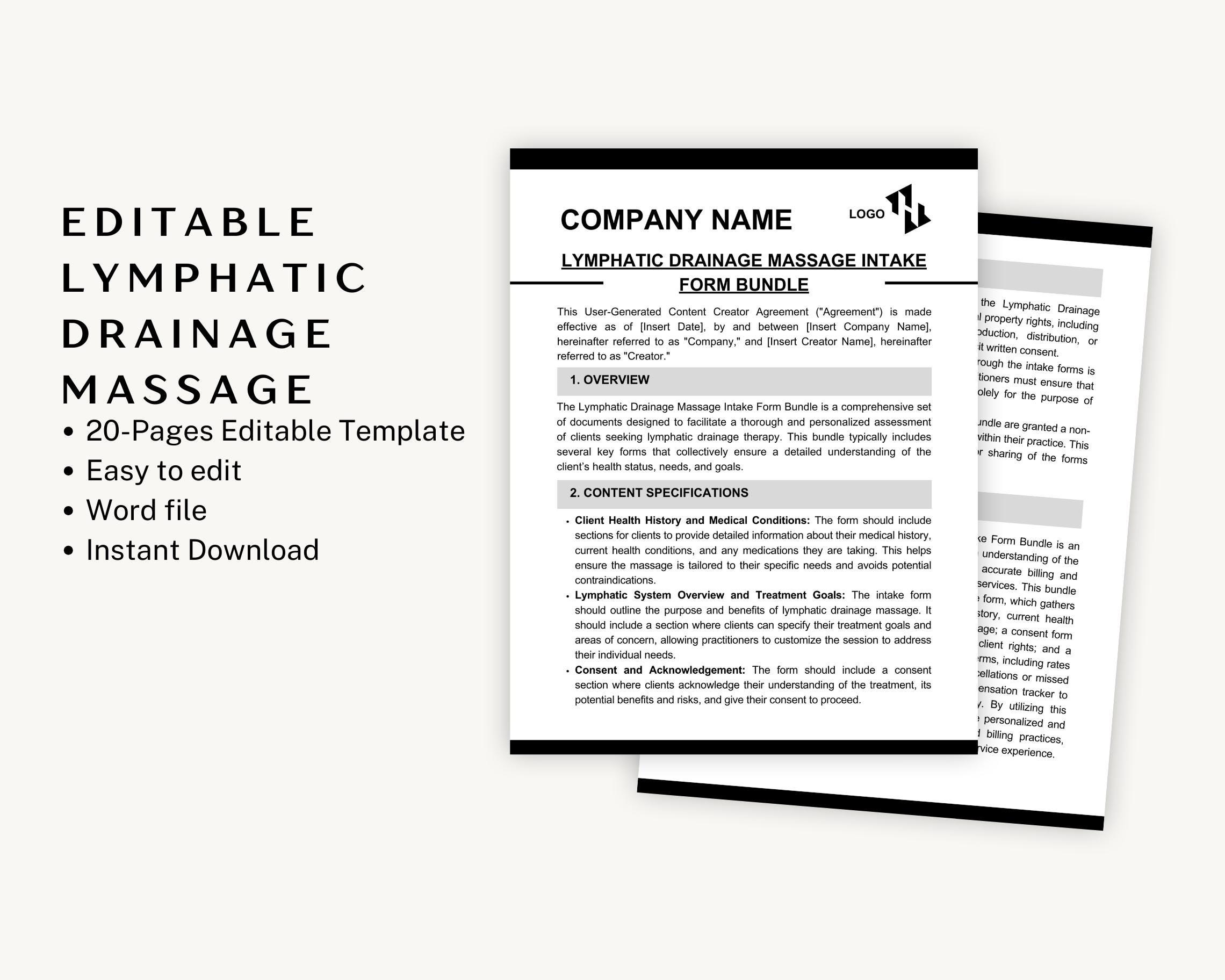 Editable Lymphatic Drainage Massage Intake Form Bundle | PDF & Canva ...