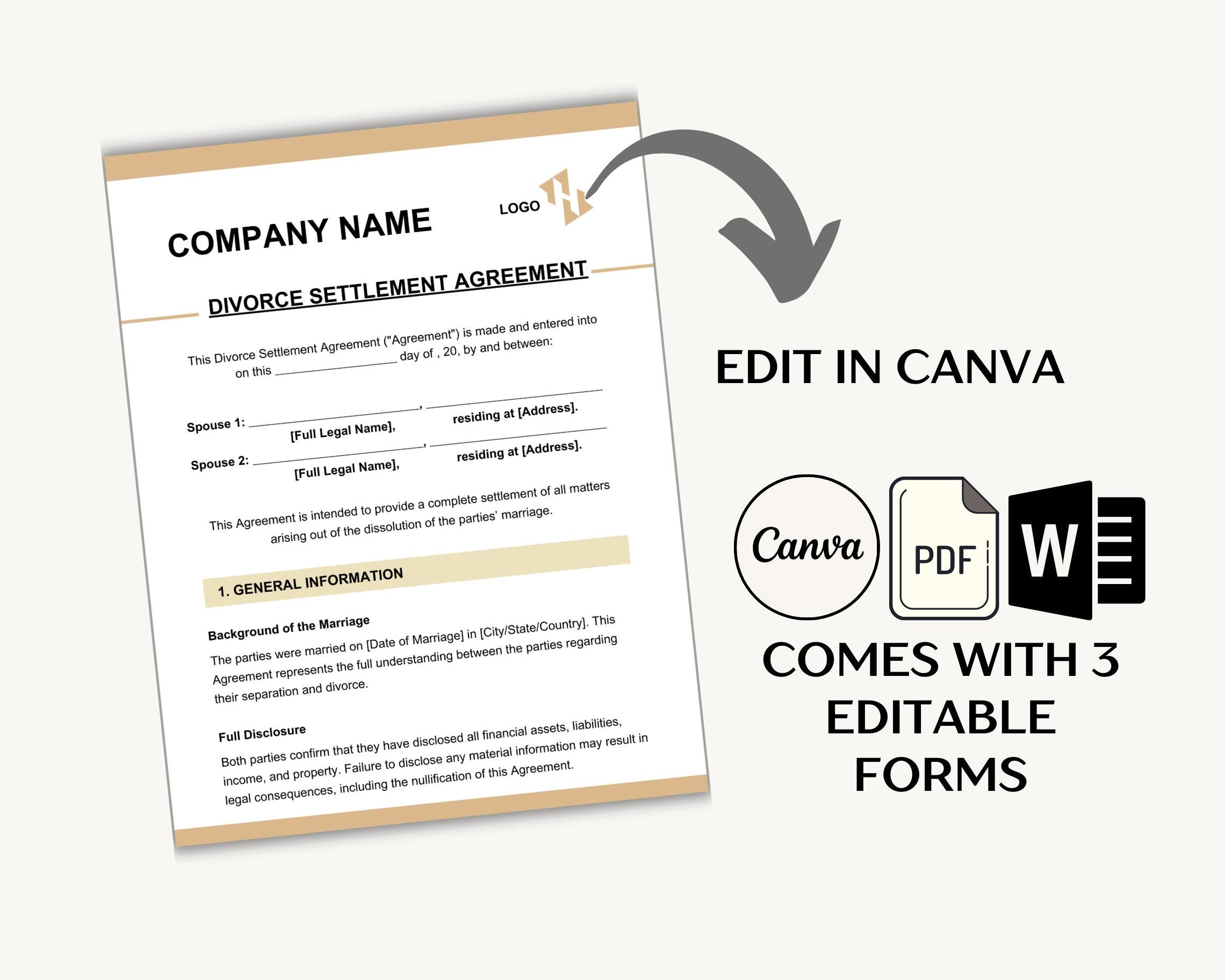 Editable Divorce Settlement Agreement Template Digital Download Etsy