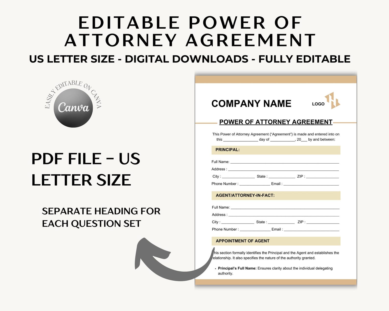 Editable Power of Attorney Agreement Template (digital Download) - Etsy