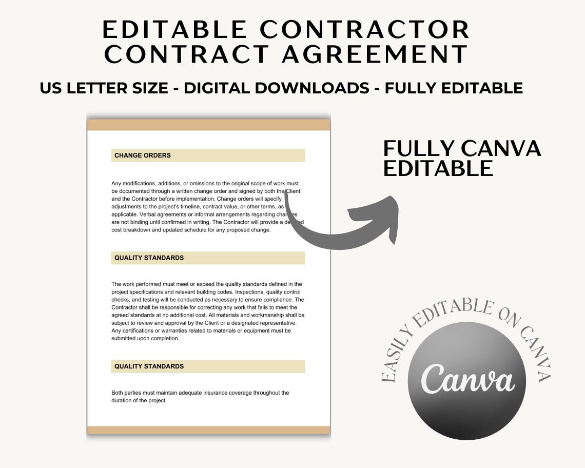 Editable Contractor Contract Template | US Letter (digital Download) - Etsy