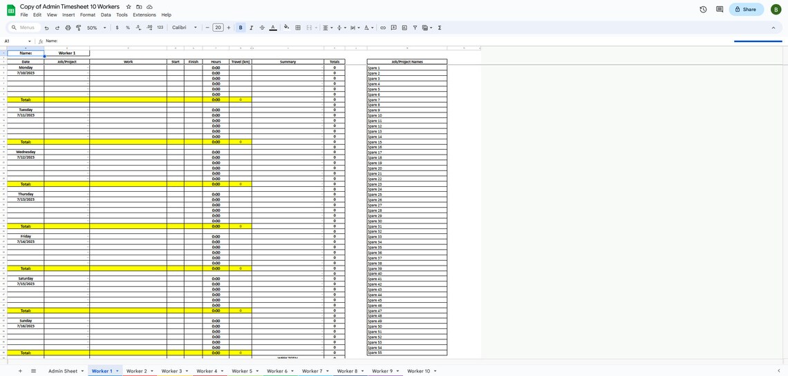 Admin Timesheet for 10 Employees (employee Timesheets Included) - Etsy