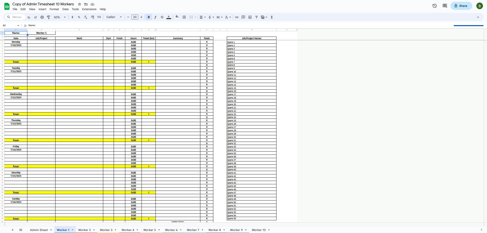 Admin Timesheet for 10 Employees (employee Timesheets Included) - Etsy