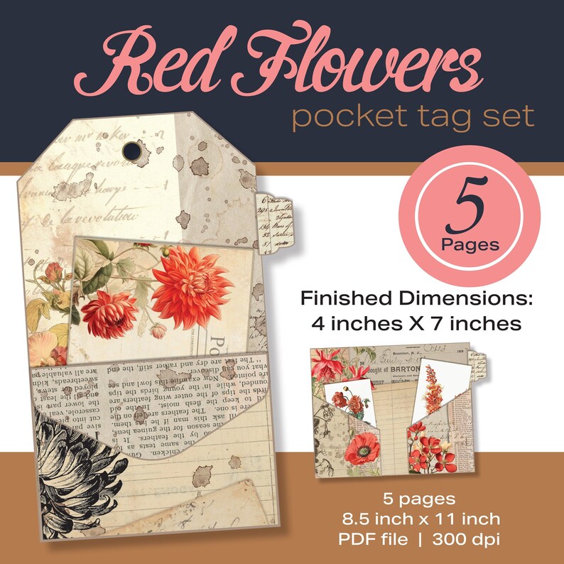 Pocket Tag Set Folio red Flowers Printable Papers, Folio, Tags, Paper ...