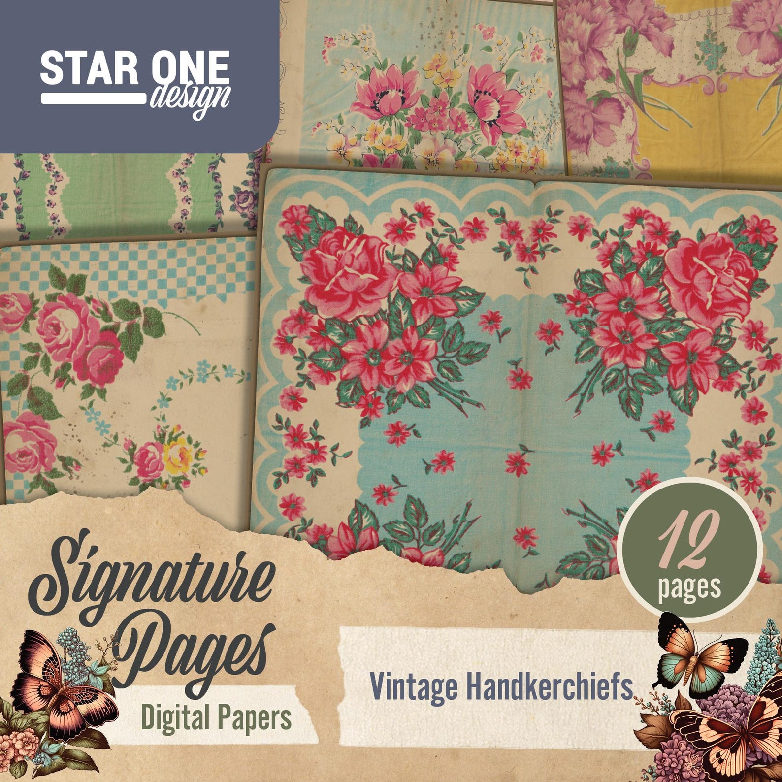 Vintage Handkerchief Digital Papers – 12 Printable Floral Pages for ...