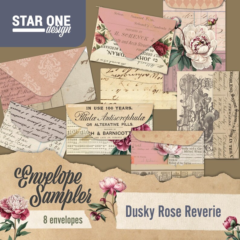Dusky Rose Reverie Envelope Sampler – 8 Printable Vintage Junk Journal Envelopes | Floral ...